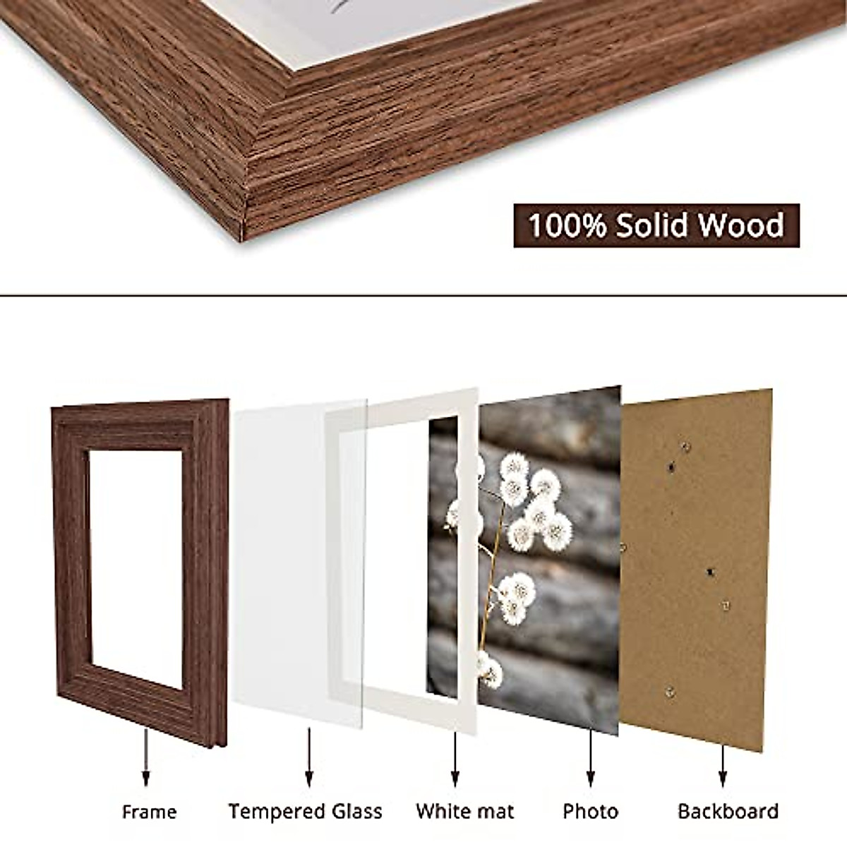 GraduationMall 5x7 Wood Picture Frames,Display Photos 4x6 with Mat or 5x7 Without Mat,Real Glass,Wall or Tabletop Display,Rustic Brown Set of 2