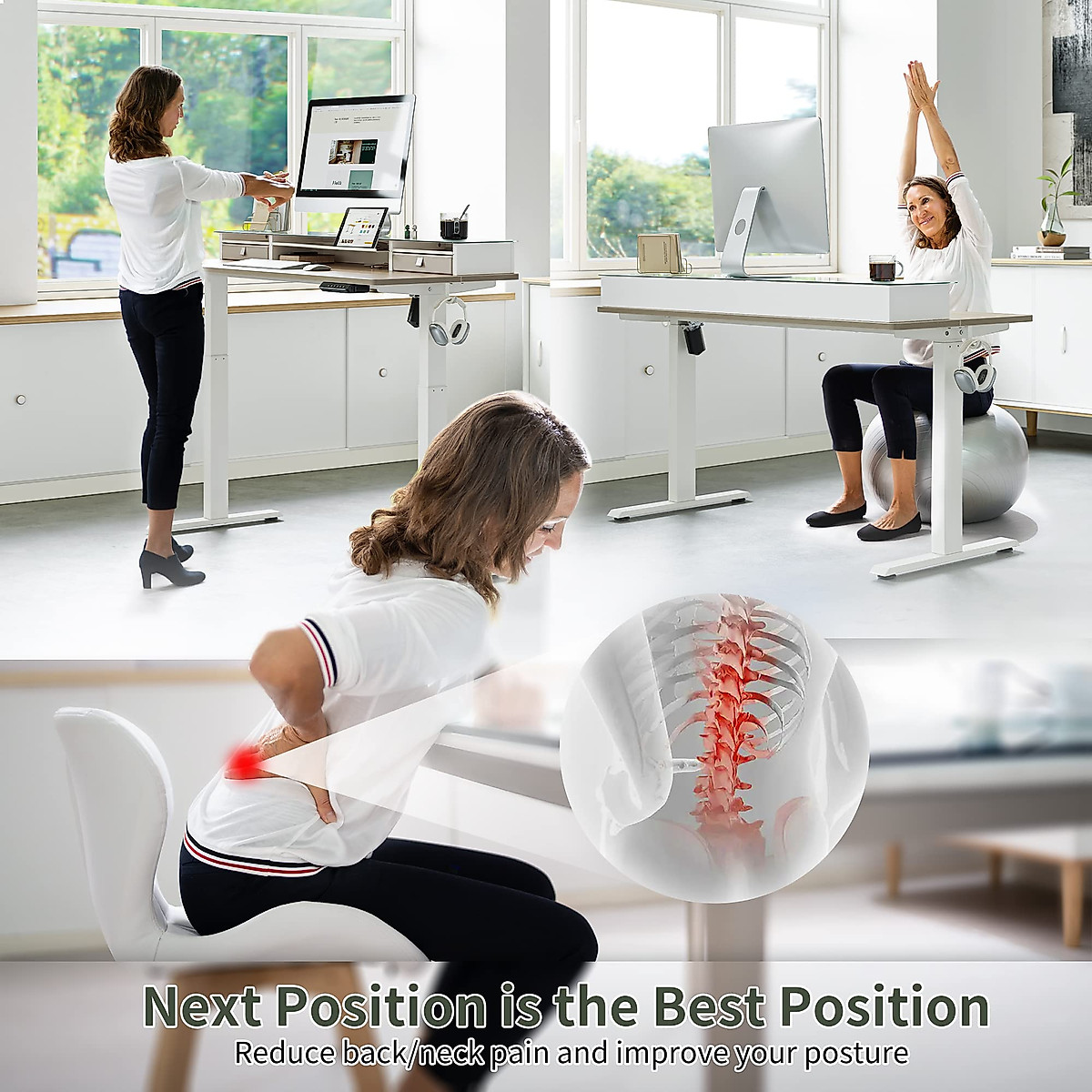 FEZIBO Electric Standing Desk with Glass Top Monitor Stand,55 x 26 Inch Adjustable Sit Stand Up Table with Double Drawer, Sit Stand Desk with Storage Shelf, White Frame/Light Walnut Top