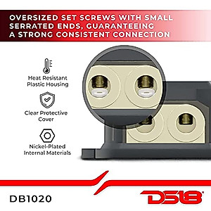 DS18 DB1020 Distribution Ground Block - 1 x 0GA in/ 2 x 0GA Out, Nickle Plated Internal Materials, High-Strength Heat Resistant Plastic Housing, Oversized Screws for Secure Connections (1 in 2 Out)