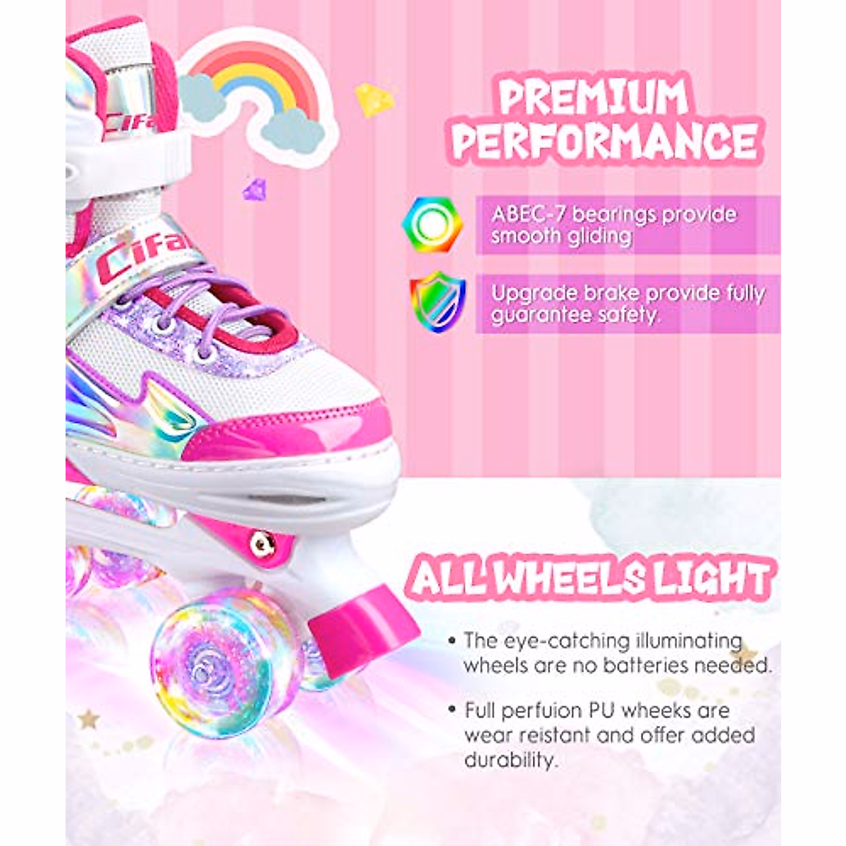 Roller Skates for Girls Boys Kids, Black Pink Purple 4 Sizes Adjustable Kids Roller Skates with Light up Wheels and Shining Upper Design, Roller Skates for Toddler Kids Ages 4-13