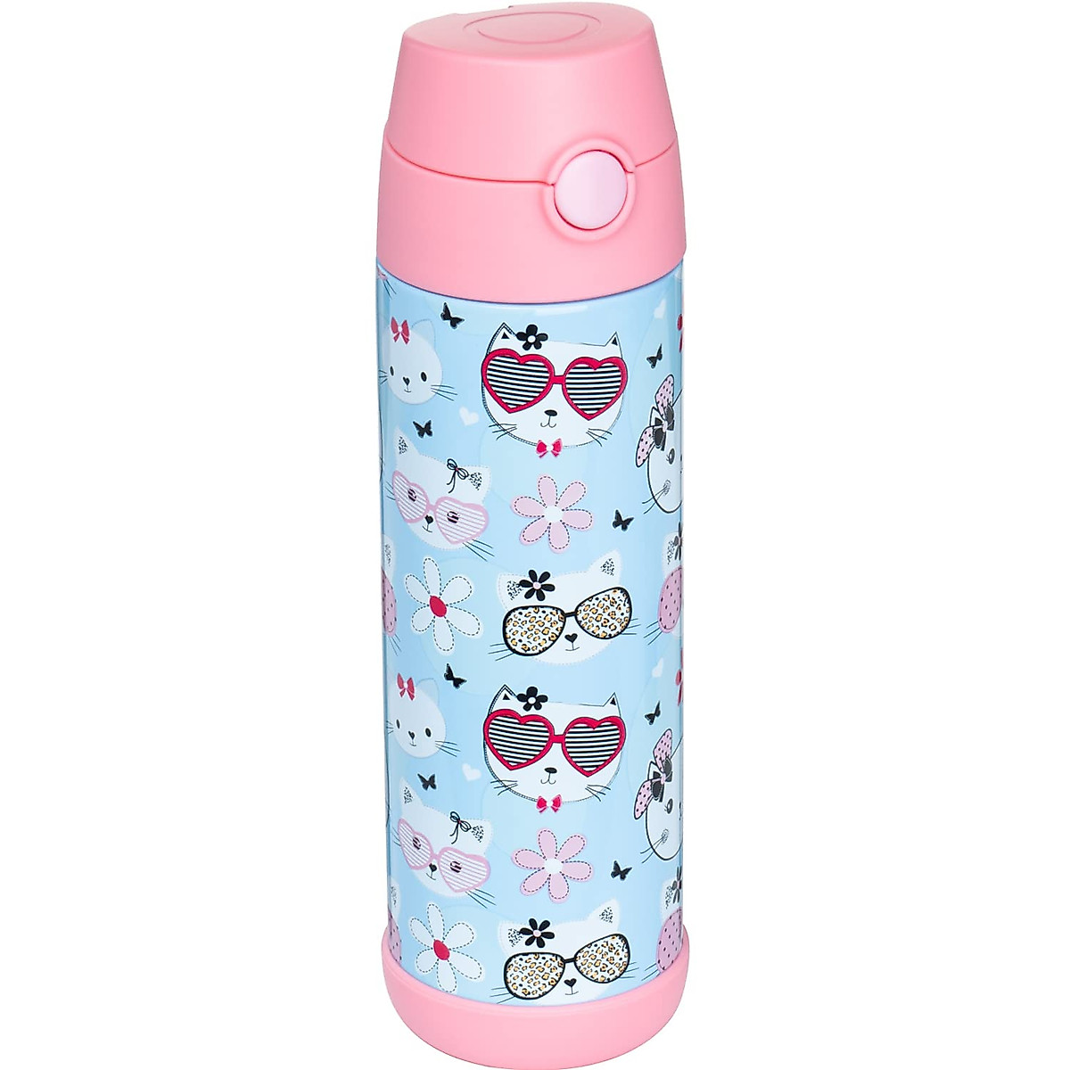 Snug Kids Water Bottle - insulated stainless steel thermos with straw (Girls/Boys) - Kitty, 17oz