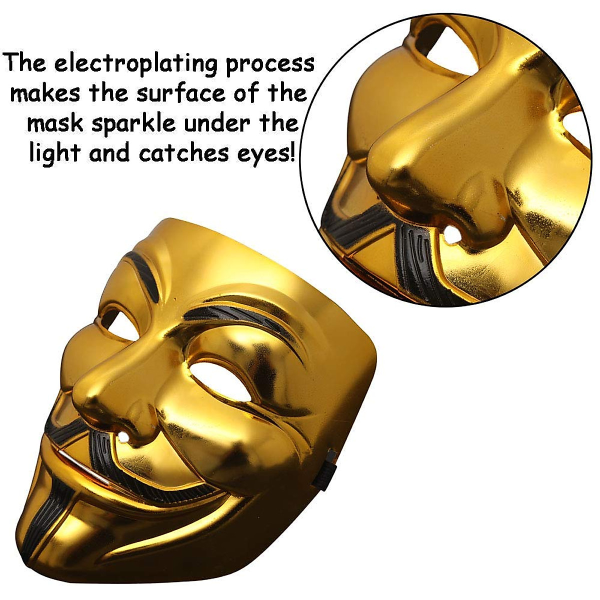 Miuion Guy Fawkes Mask -V for Vendetta， Anonymous Cosplay Party Mask for Halloween（Golden）