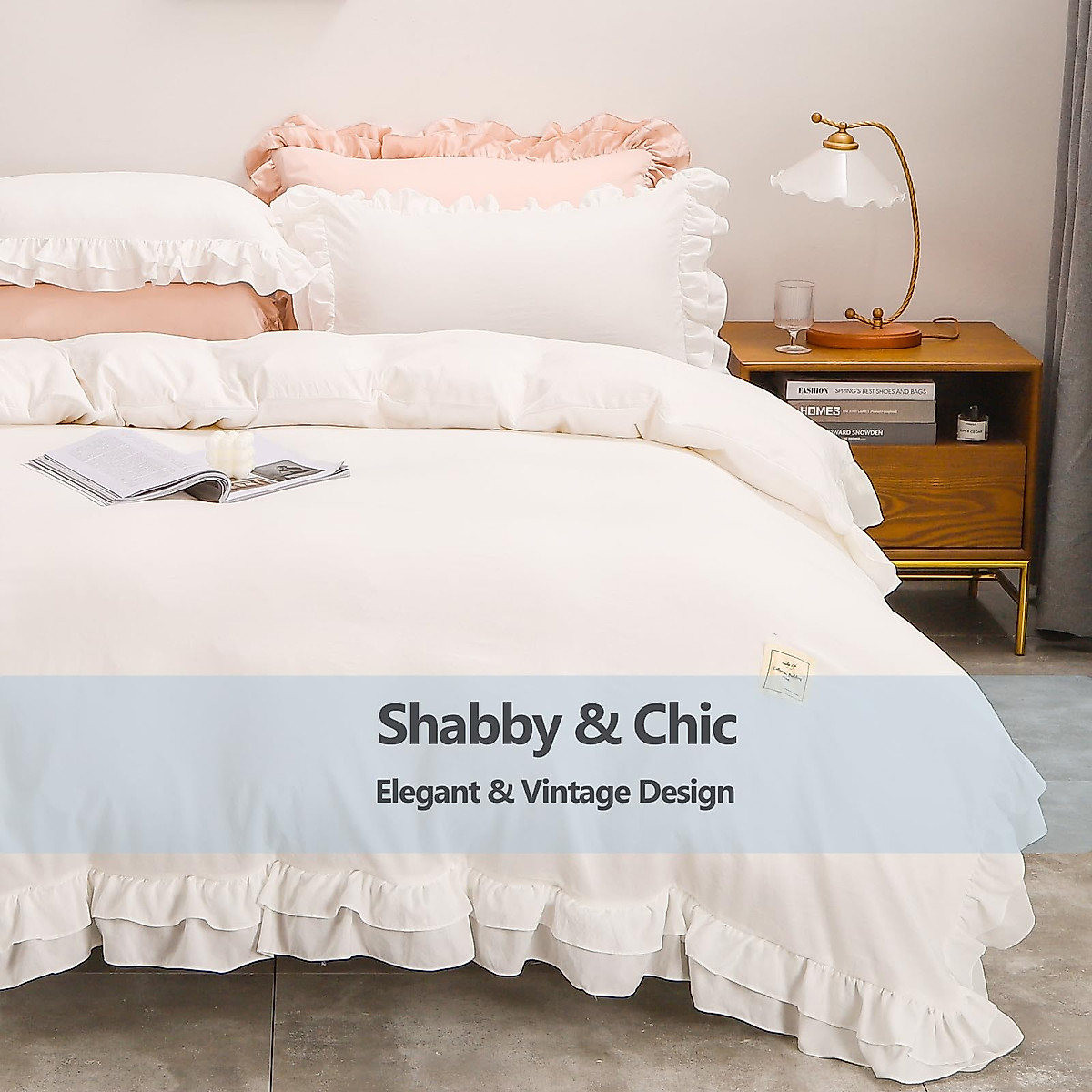 3 Pcs Duvet Cover King Size - 1 White Ruffle Duvet Comforter Cover with 2 Shabby Pillow Cases Ultra Soft Decorative Farmhouse Zipper Closure Breathable Quilt Cover Set Washed Cotton Bedding Bag Set