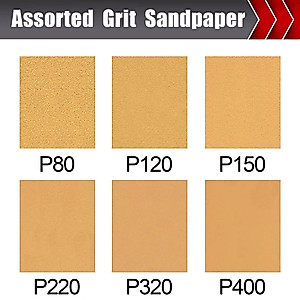 BOSHCRAFT 50 Pcs 1/4 Sheet Sandpaper, Premium Sand Paper 80/120/150/220/320/400 Grit Sandpaper Sheet Sand Paper Assortment for Wood Metal Automotive Palm Sanders 5.5" x 4.5"