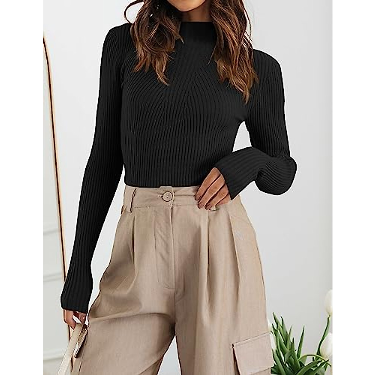 ZESICA Women's 2023 Fall Long Sleeve Turtleneck T Shirts Ribbed Knit Sweater Slim Fit Basic Casual Tee Tops,Black,Large