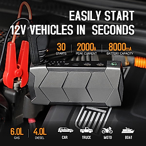 CELLGEAR Portable Car Jump Starter,2000A Battery Jump Starter(Up to 6.0L Gas 4.0L Diesel Engine) 12V Car Battery Charge Jump Starte with USB Fast Charging,Emergency Warning/LED Light and Compass