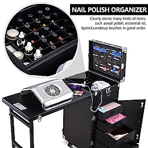 Bei Cheng Rolling Manicure Desk Makeup Train Case Travel Cosmetic Trolley Storage Organizer Nail Tables for Technician Workstation Makeup Salon with 4 Drawers Mirror & Speaker Black