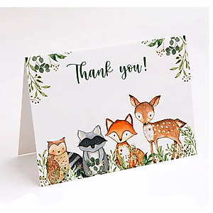 50 Woodland Thank You Cards, 4x6" Forest Animals Greenery Thank You Notes with Matching Green Envelopes & Stickers, Woodland Creatures Notecards Perfect for Woodland Baby Shower and Birthday Party