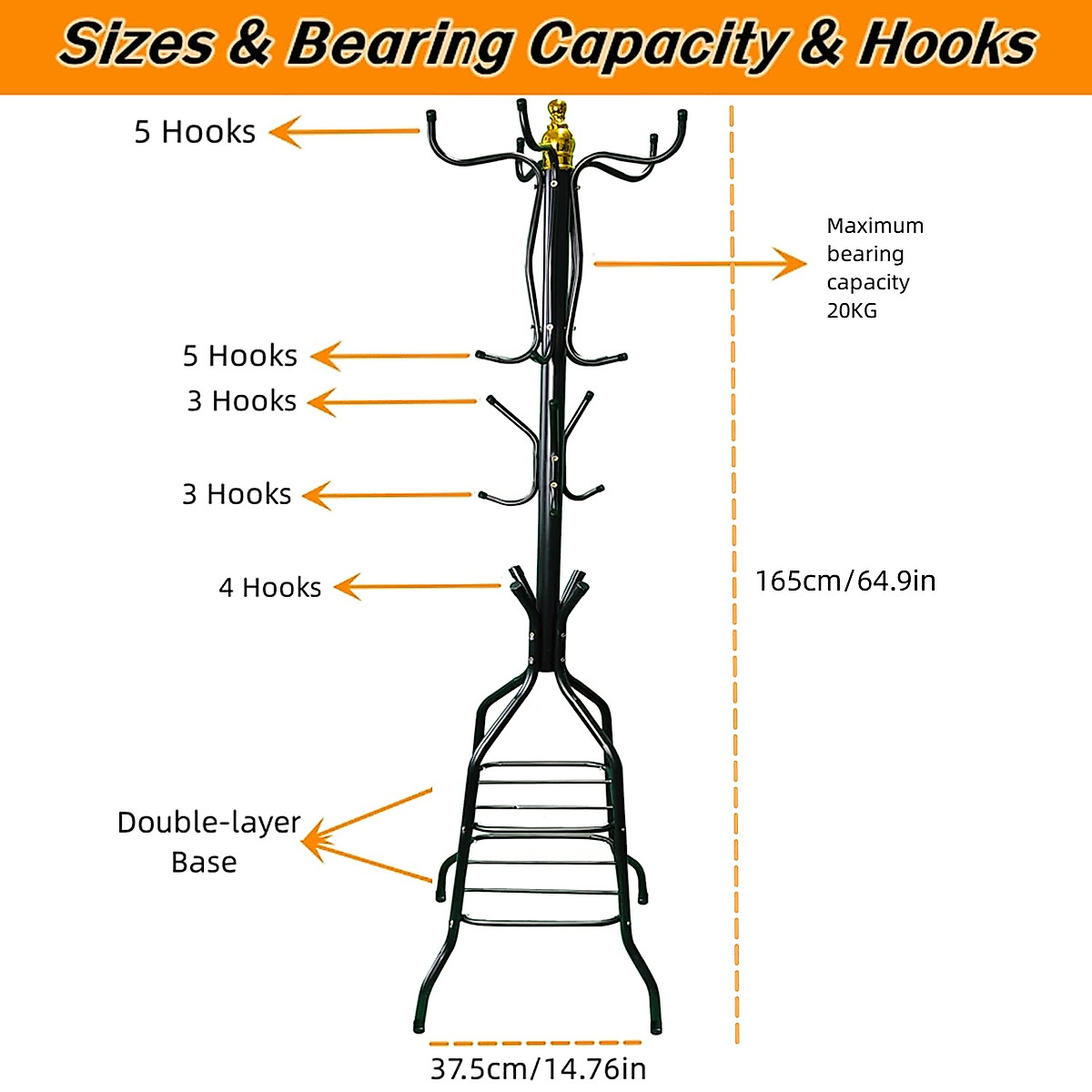 ANAMPION Coat Rack Free Standing Entryway Metal Coat and Hat Hanger Organizer Stand With 20 Hooks Hall Tree stand with 2 shelves Umbrella Tree Stand Black…