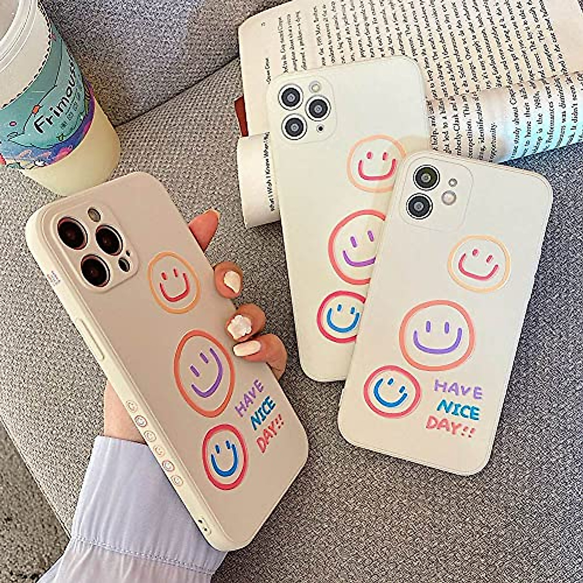KERZZIL Cute Smile Pattern Compatible with iPhone 12 Case, Silicone Slim Fit [Soft Anti-Scratch Microfiber Lining] Flexible TPU Shockproof Protective Cover Cases Capa 6.1 Inch (Beige)