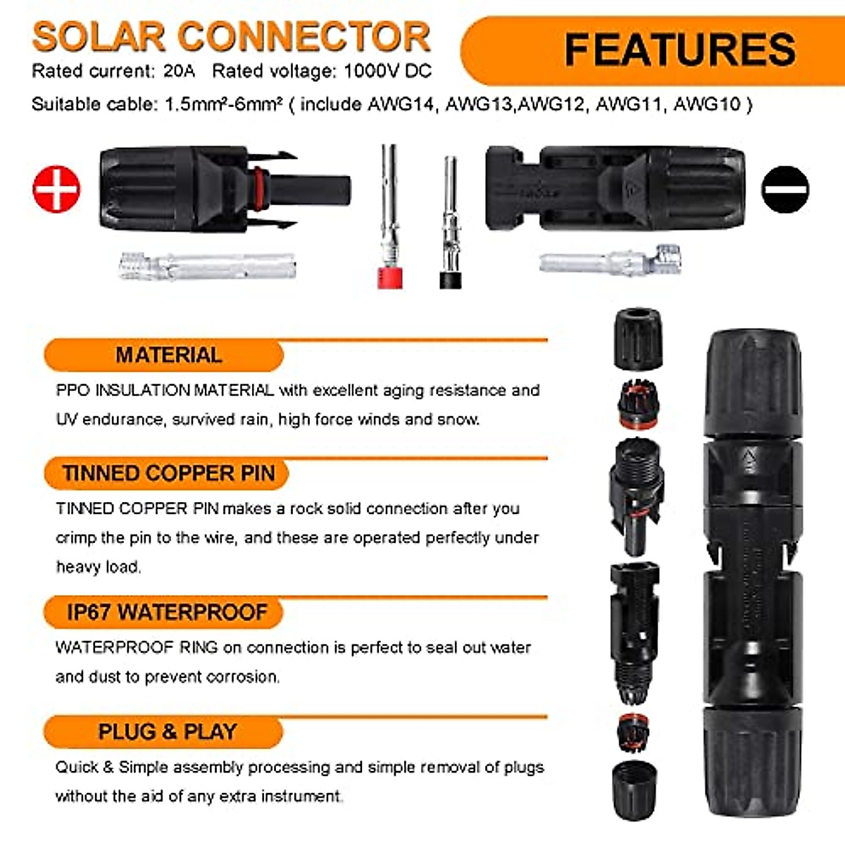 ALAMSCN 4 Pairs Solar Connector Y Branch Parallel Adapter Cable Wire Plug 2 to 1 Male Female Connectors (M/FF, F/MM) for Solar Panel with PV Cable Clips