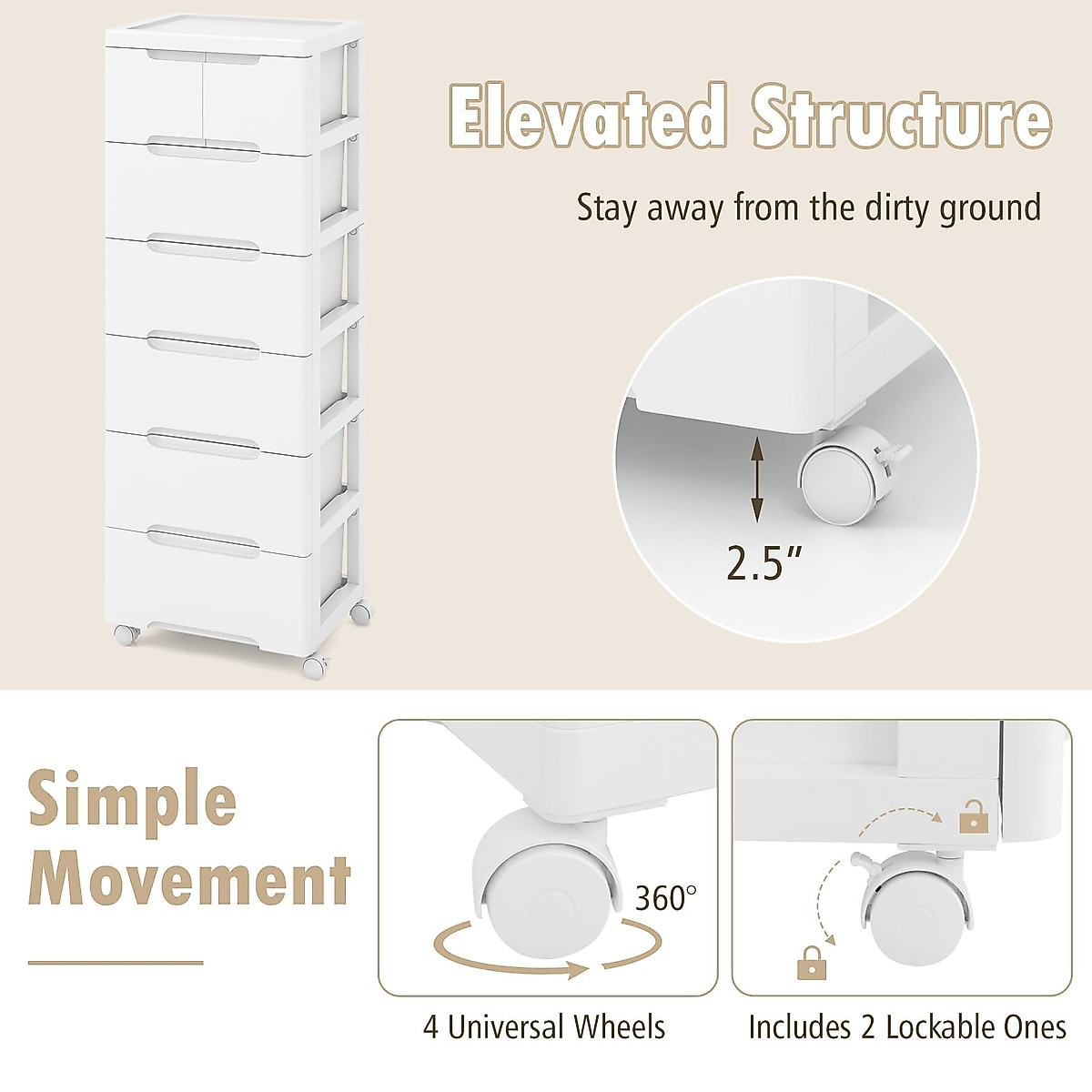 Byroce Plastic Storage Drawer Cart, Mobile Utility Cart, Home Craft Organizer with 7 Drawers & Lockable Wheels, Slim Rolling Storage Cart for Living Room, Bathroom, Dorm & Office (16”L x 13”W x 45”H)