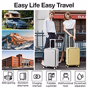 mixi Carry On Luggage with Cup Phone Holder and Charger Hard Shell Suitcases with Spinner Wheels, 20 Inch Smoke White