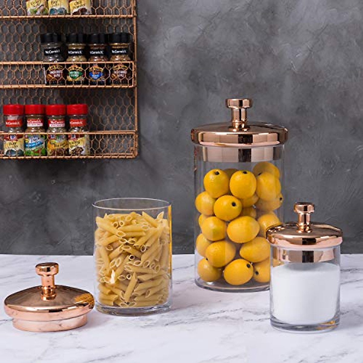 MyGift 6 Piece Clear Glass Apothecary Jar Set with Copper Lid - Decorative Kitchen and Bath Storage Canisters, Wedding Centerpiece Jars, Candy Buffet with Lids