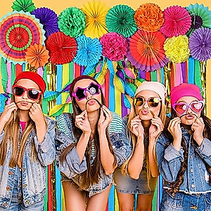 TaoBary Mexican Paper Flowers Mexican Party Decorations Ruffled Streamers Backdrop Foil Curtain Papel Picado Banner Mexico Fiesta Party Decorations for Cinco De Mayo Party Wedding (Fan Flower)