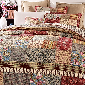 Tache Cotton Patchwork Country Farm Cottage Vintage Antique Ditsy Floral Paisley Burgundy Beige Lightweight Coverlet Fairy Tale Tea Party Quilt Set, Queen