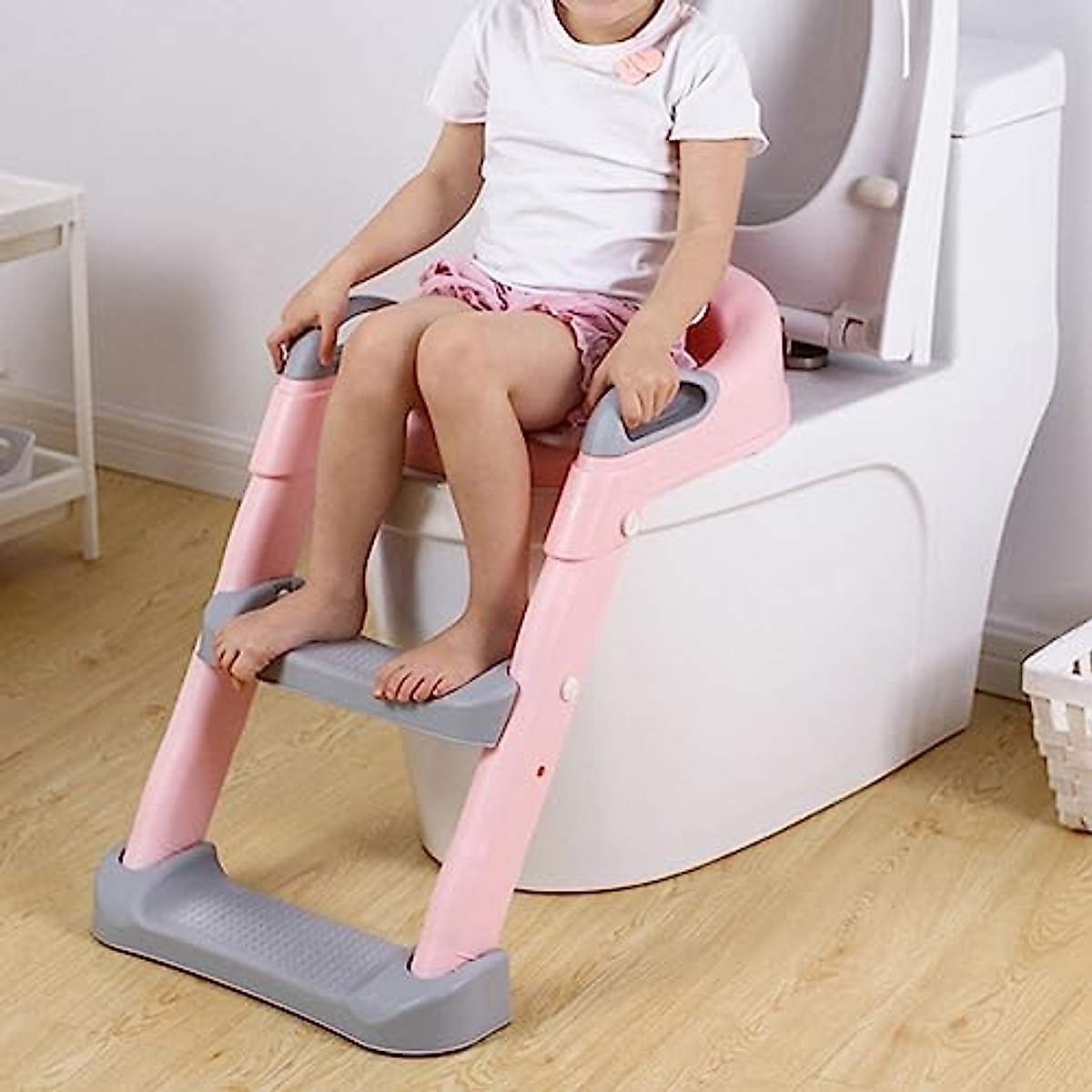 Toddler Toilet Seat and Step Kids Folding Potty Training Toilet Seat with Handle and Ladder Adjustable Toilet Ladder Seat Rose