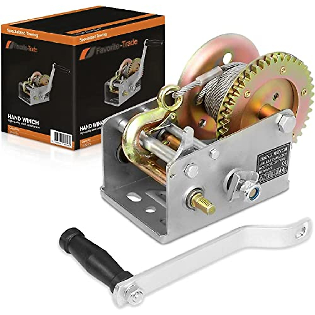 Trailer Winch – Durable Hand Crank – 3500 lbs Hand Winch with Cable + Mounting Plate and 5 Bolts