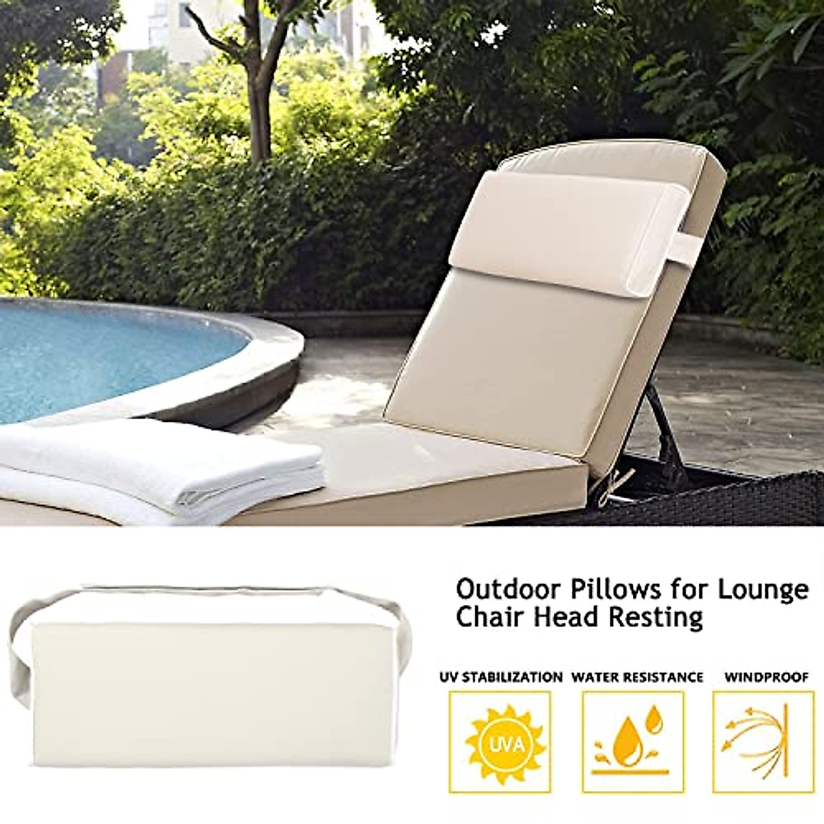 Enipate Outdoor Chaise Lounge Head Pillow, Pack of 2 Water Resistant Headrest Pillows with Elastic Band for Pool Patio Chairs