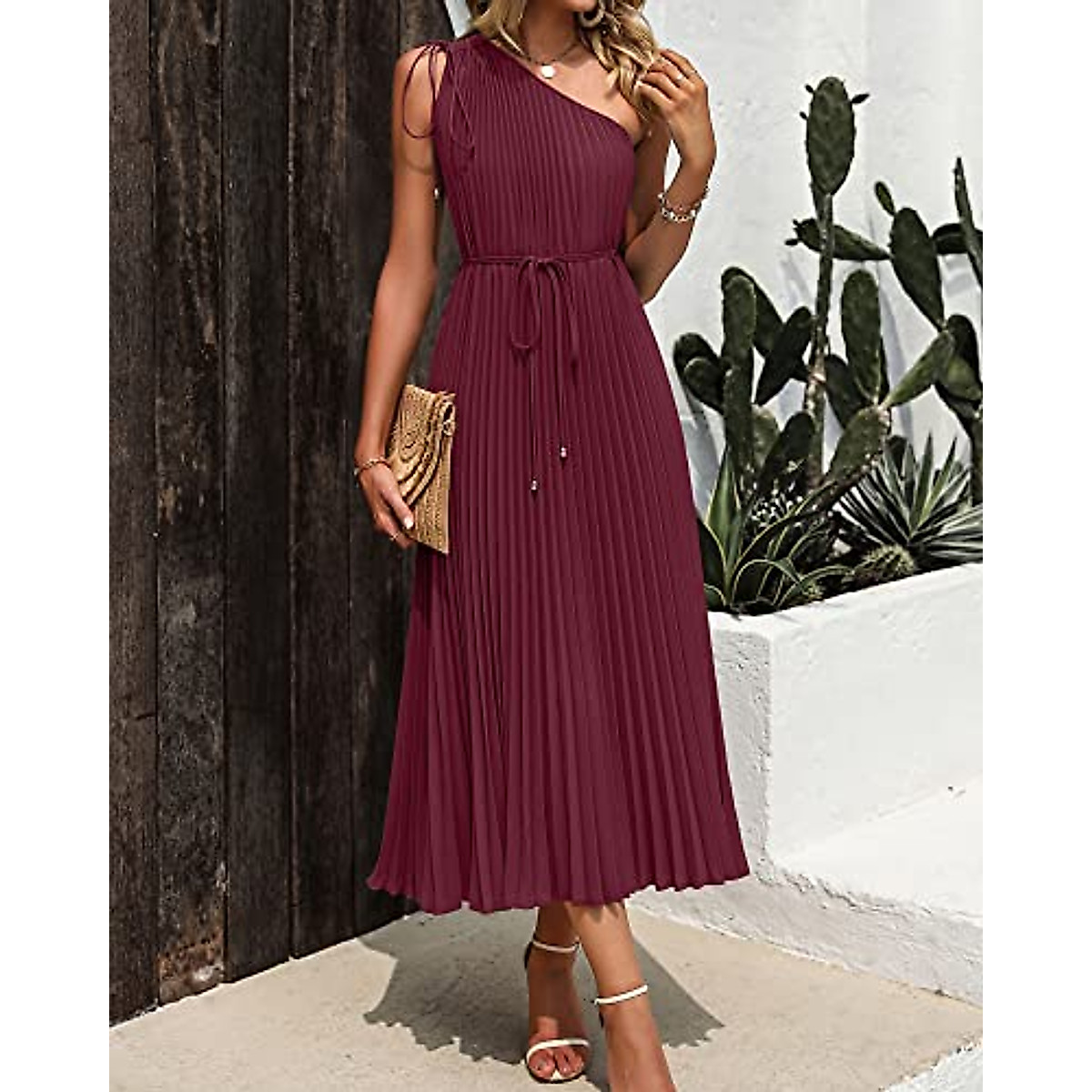 BTFBM Women's Drawstring One Shoulder Maxi Dresses Summer Sleeveless Tie Waist Pleated Long Flowy Party Cocktail Dress(Solid Wine Red, Medium)