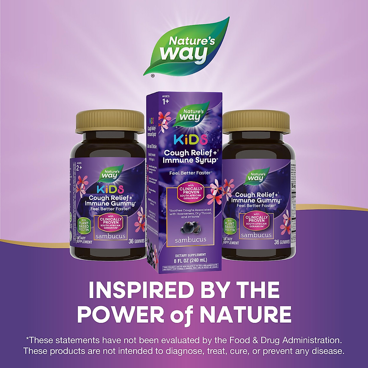 Nature’s Way Sambucus Kids Cough Relief +** Immune Syrup*, Feel Better Faster**, Clinically Proven South African Geranium, with Elderberry Extract, Vitamin C & Zinc, 8 Oz (Packaging May Vary)