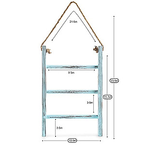 DOCMON 3-Tier Towel Rack, Wood Bathroom Decor Wall-Hanging Towel Storage Ladder with Rope for Farmhouse Room Decor (Blue)