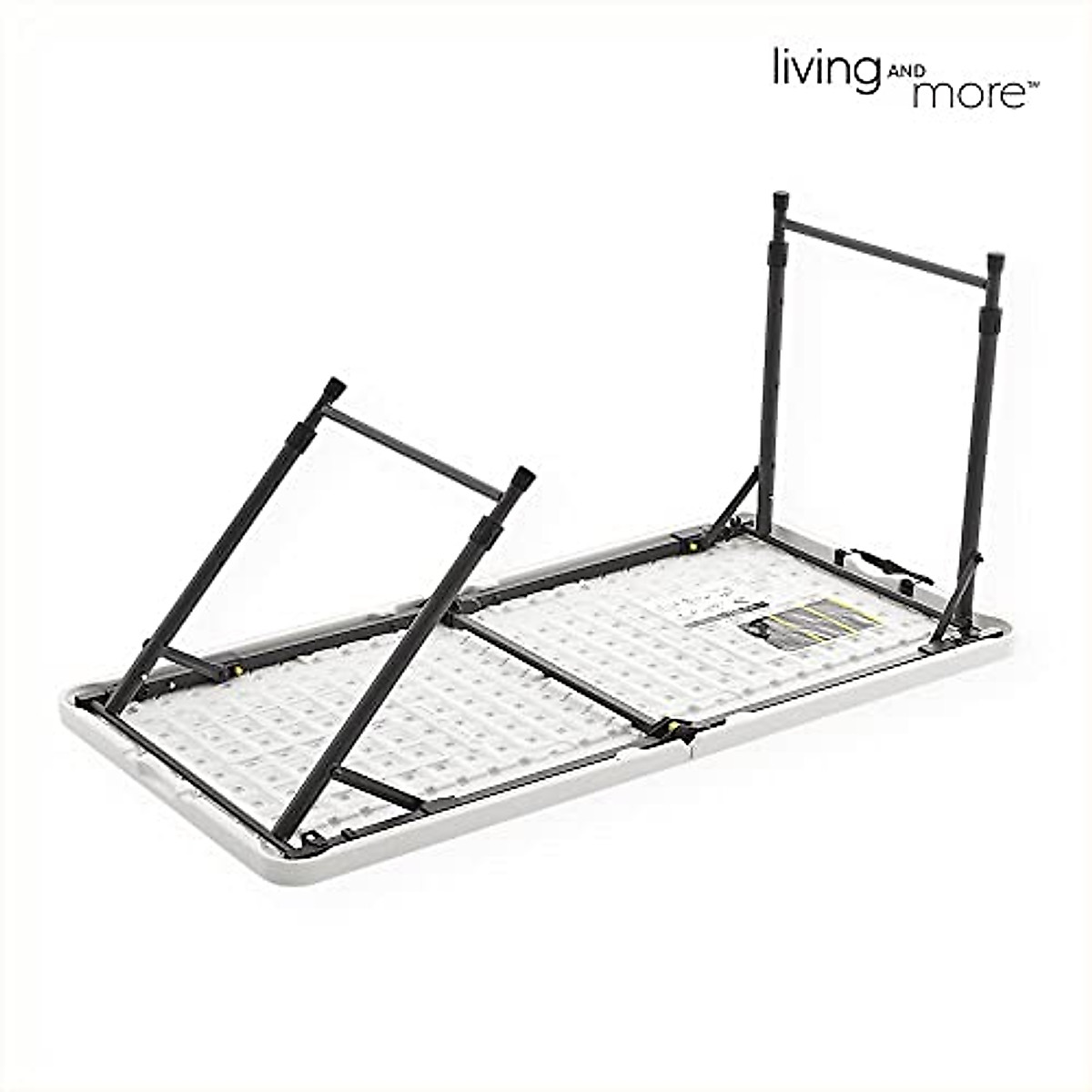 Living and More 4 Foot Height Adjustable Fold-in-Half Table with Carrying Handle, Easy Folding and Storage, Indoor Outdoor Use, White
