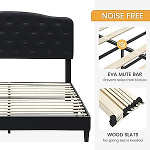 GAOMON Queen Size Platform Bed Frame with Button Tufted Headboard, Faux Leather Upholstered Mattress Foundation, Wooden Slat Support, No Box Spring Needed, Black