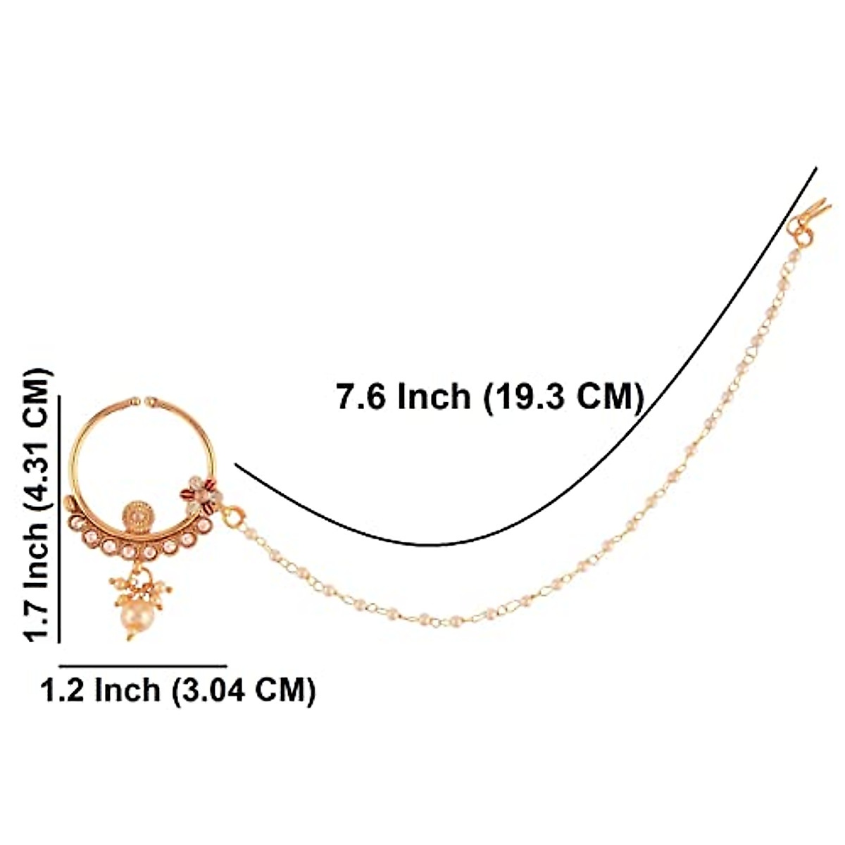 Efulgenz Indian Jewelry Kundan Crystal Nose Ring Hoop Pin Stud Fake Septum Ring with Chain Nose to Ear Chain Non Piercing Body Jewelry