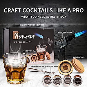 ROWSROY Cocktail Smoker Kit, Old Fashioned Smoker Cocktail Kit for Drinks, Bourbon Smoker Lover, 4 Flavor Wood Chips for Whiskey and Bourbon with Torch (Excludes Butane) Holiday gift, Gifts for Men