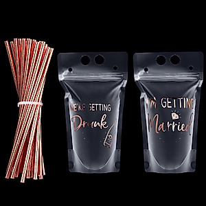 26 Pcs Drink Pouches for Wedding Party with Rose Gold Straw Reclosable Plastic Juice Bags Party Drink Pouch Bag, 17 oz