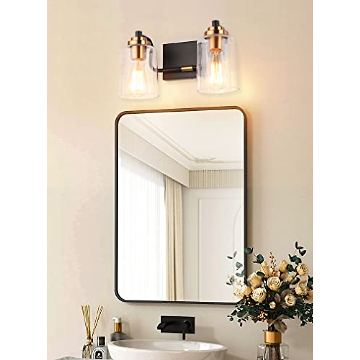SOLFART Vintage Wall Bathroom Vanity Light Black Metal with Clear Glass Bronze Fixtures Wall Mount Lighting Sconce (2 Lights)