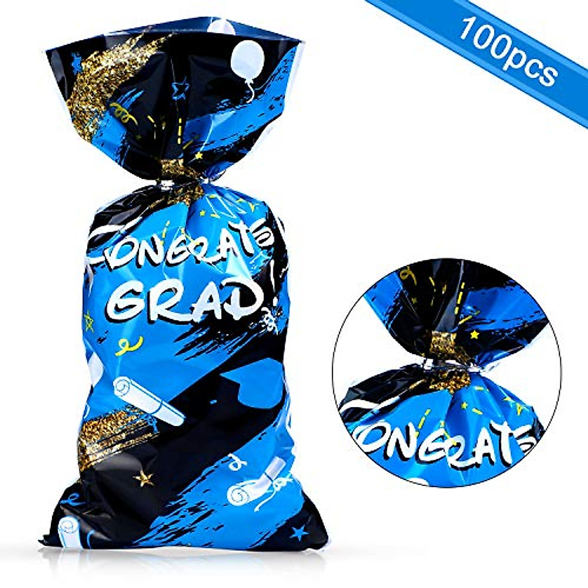 100 Pieces Graduation Cellophane Treat Bags, Congrats Graduates Candy Present Bags Plastic Clear Goodie Wrapping Bags with 100 Silver Twist Ties for Graduation Day (Blue)