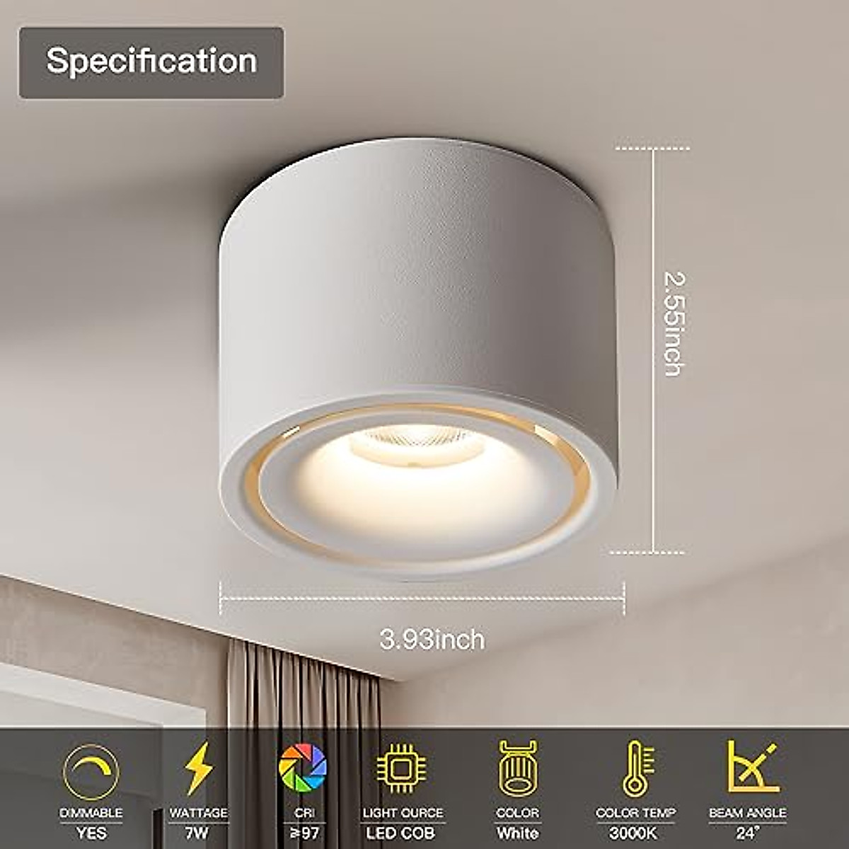 3.9" LED COB Ceiling Spotlight Indoor,7W 3000K Dimmable Warm White Directional Accent Light Fixture,White Aluminum Spot Light for Hallway Corridor Gallery Display Kitchen Living Room and Bedroom
