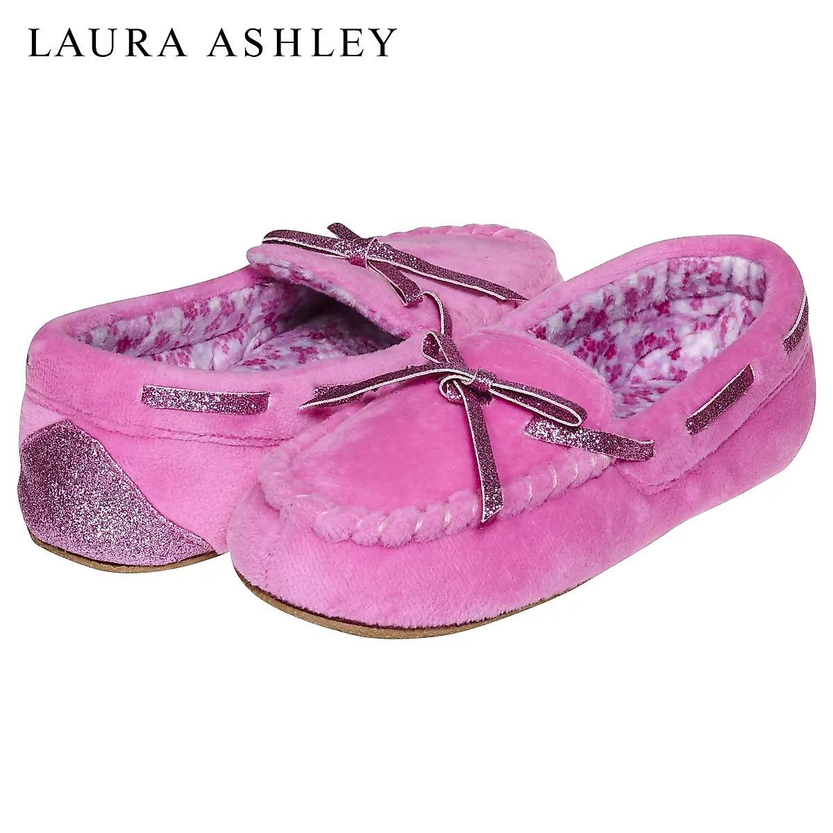 Laura Ashley Kids Girls Fleece Glitter and Bow Moccasins Fuschia 2/3