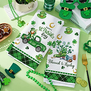 AnyDesign St. Patrick's Day Kitchen Towel Watercolor Shamrock Clover Truck Dish Towel Irish Green Check Plaids Hand Drying Tea Towel for Cooking Baking Cleaning Wipes, 18 x 28 Inch, 2 Pack