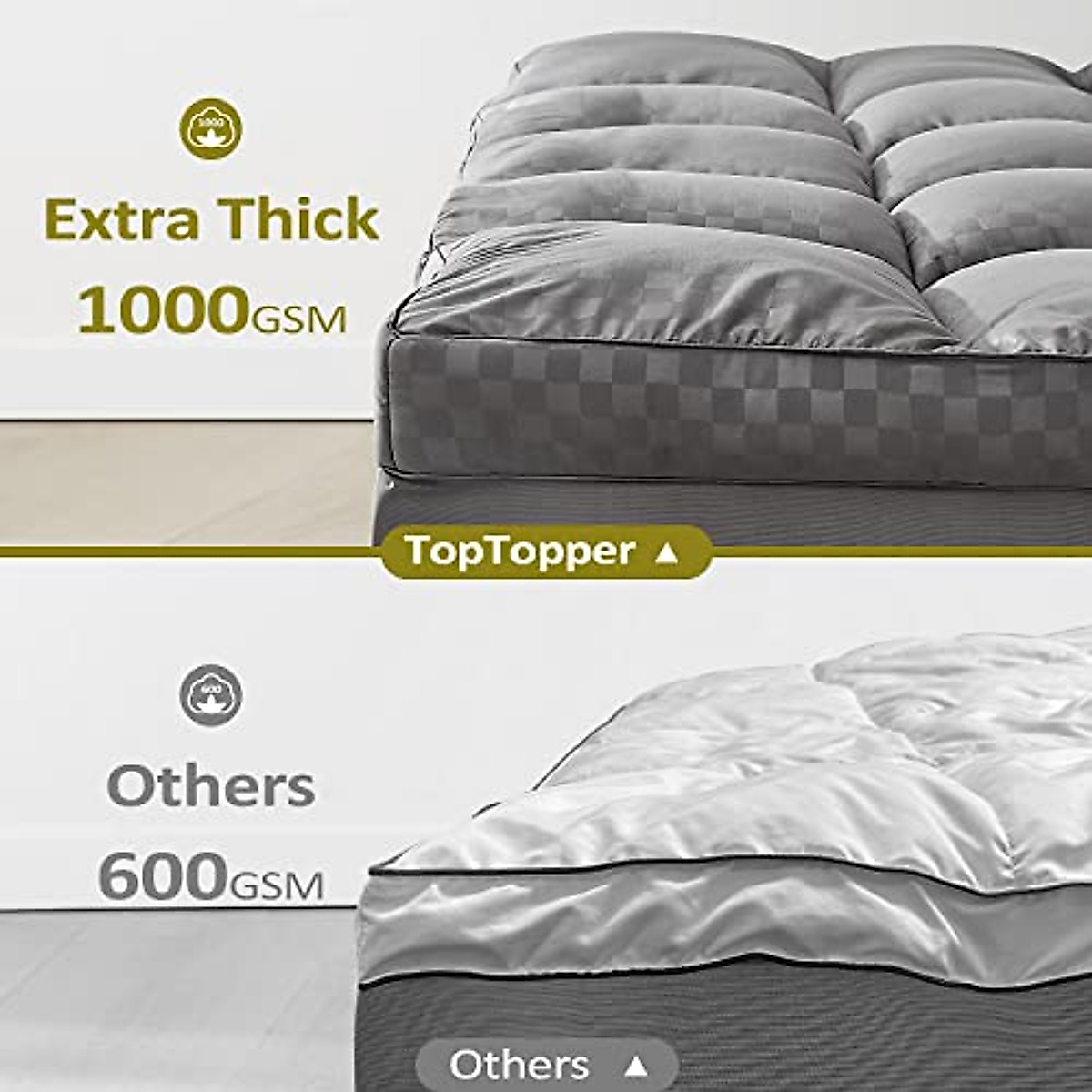 TopTopper Mattress Topper Full Size, Cooling Mattress Pad Cover for Hot Sleepers, Extra Thick 5D Snow Down Alternative Overfilled Plush Pillow Top with 8-21 Inch Deep Pocket -54"x75" Dark Grey
