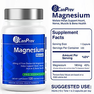 CanPrev Magnesium Malate, 120 Veg Caps, 120-Day Supply, 180mg Elemental Magnesium & 540mg Malic Acid, Vegan & Non-GMO, Supports Relaxation, Energy, Muscle Function, Bone Strength & Overall Well-Being