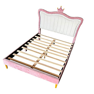 DNYN Full Size Upholstered Platfrom Bed for Kids,Princess Bedframe with Crown Headboard & LED Design,for Girls Bedroom,No Box Spring Needed & Easy Assembly, Pink