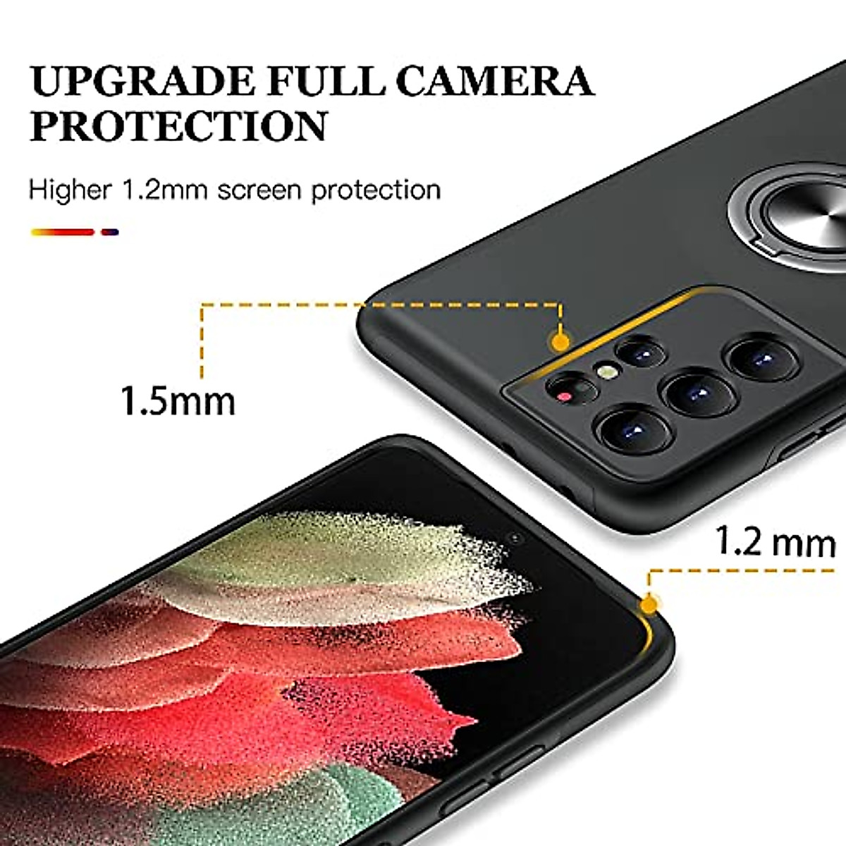 JAME for Samsung Galaxy S21 Ultra Case, [NOT for S21 or S21 Plus], Slim Soft Bumper Protective Case for Samsung S21 Ultra Case, with Invisible Ring Holder Kickstand for Galaxy S21 Ultra Case, Black