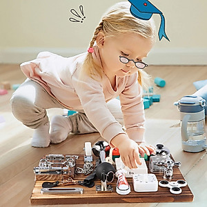 Canuan 20-in-1 Busy Board for Toddlers Travel Toy Activity Board for Fine Motor Skills Busy Board Toys for 3 Years Old Kids with Switch, Locks, Shoe Laces, Music Box