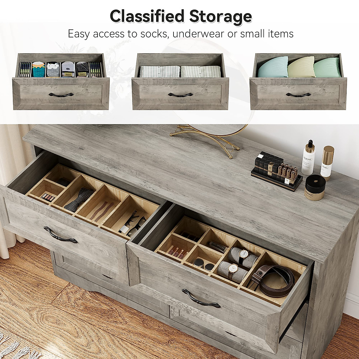 IDEALHOUSE Dresser for Bedroom with 6 Drawers, Wood Drawer Dresser Chest of Drawers for Closet, Living Room, Hallway, Nursery, Kids Bedroom, Grey