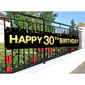 Greatingreat Large Cheers to 30 Years Banner, Black Gold 30 Anniversary Party Sign, 30th Happy Birthday Banner(9.8feet X 1.6feet)