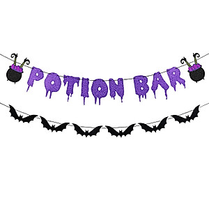 Purple Glitter Potion Bar Banner and Black Glitter Bat Banner- Halloween Party Decorations,Halloween Party Banner for Haunted House,Bat Decorations,Halloween Mantle Home Decor