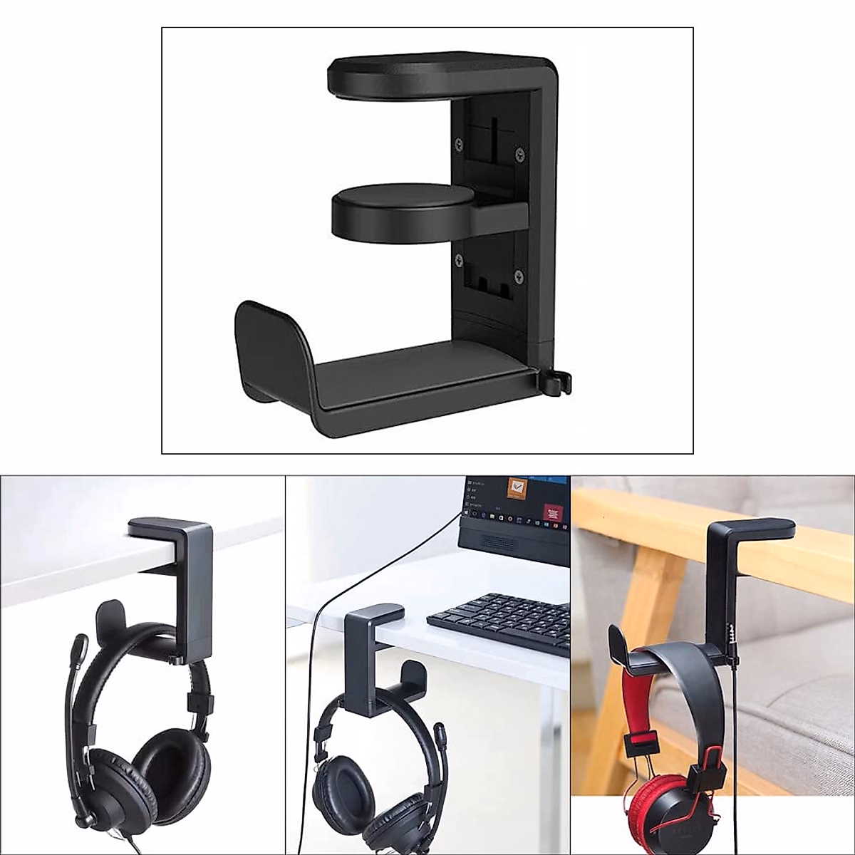 YTYKINOY Black 360 Degree Rotation Adjustable Headphone Stand Headset Hanger PC Gaming Headset Headphone Hook Holder Hanger Mount