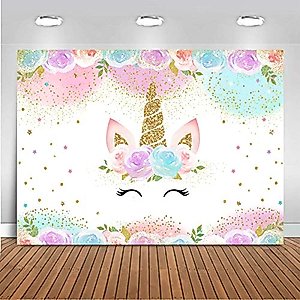 Mocsicka Rainbow Unicorn Backdrop for Girls Watercolor Floral Unicorn Party Decorations Princess Children's Birthday Party Decorations Studio Props (7x5ft)