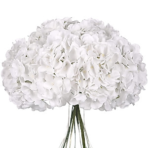 LUSHIDI Silk Hydrangea Heads with Stems Artificial Flowers Heads for Home Wedding Decor,Pack of 10 (White)