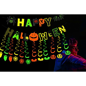 MEILINJIAN Happy Halloween Decorations Banner,Glow in the Dark Halloween Decorations Neon Glow Halloween Sign for Glow in the Dark Halloween Party,Black Light Party