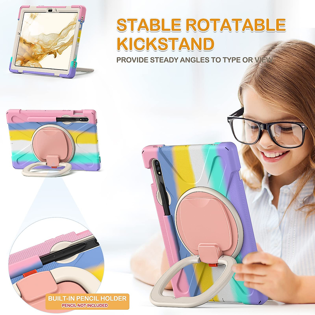 BRAECN Case for Galaxy Tab S9/S8/S7 11 Inch SM-X710/X700/T870, Rugged Silicone Cover with Stable Kickstand, S Pen Holder, 360°Rotating Handel Grip, Shoulder Strap for Galaxy Tab S9 2023, Colorful Pink