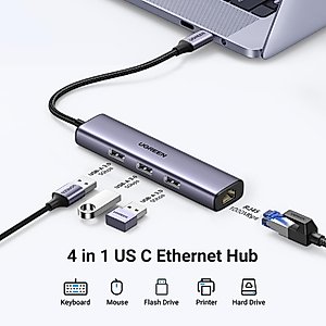 UGREEN USB C to Ethernet Adapter, 4 in 1 USB C Hub Ethernet with 3 USB 3.0 Ports/Gigabit Rj45, Plug & Play, Thunderbolt (3/4) to Network Adapter for MacBook Pro/Air, XPS, iPad Pro, iPhone 15 Pro/Max